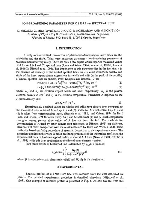 Pdf Ion Broadening Parameter For C I 5052 Nm Spectral Line
