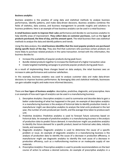 Business Analytics Handout Using Excel 6th Pdf Analytics Data