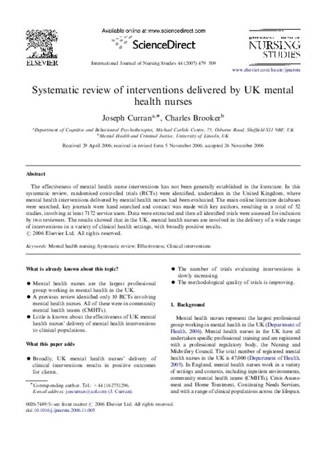 Pdf Effectiveness Of Uk Mental Health Nurse Interventions A Review