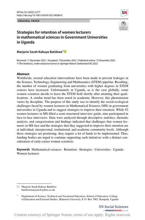 Strategies For Retention Of Women Lecturers In Mathematical Sciences In
