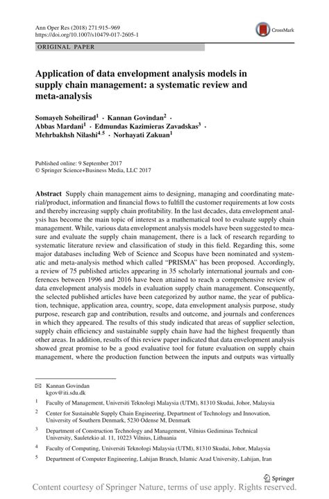 Application Of Data Envelopment Analysis Models In Supply Chain Management A Systematic Review