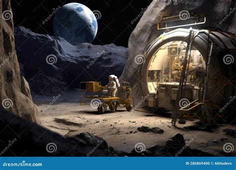 Construction Robot Assembling A Habitat Module On The Moon Stock Illustration Illustration Of
