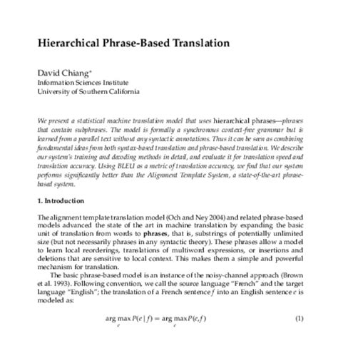 Hierarchical Phrase Based Translation Acl Anthology