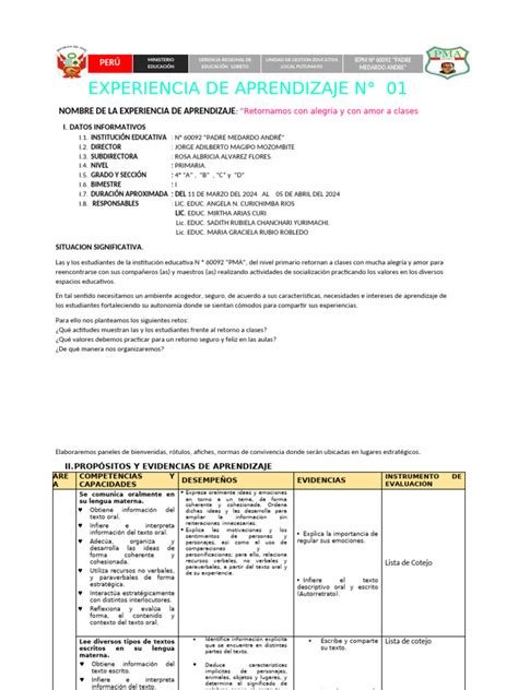 Experiencia De Aprendizaje 01 2024 Pma Pdf Enseñando Aprendizaje