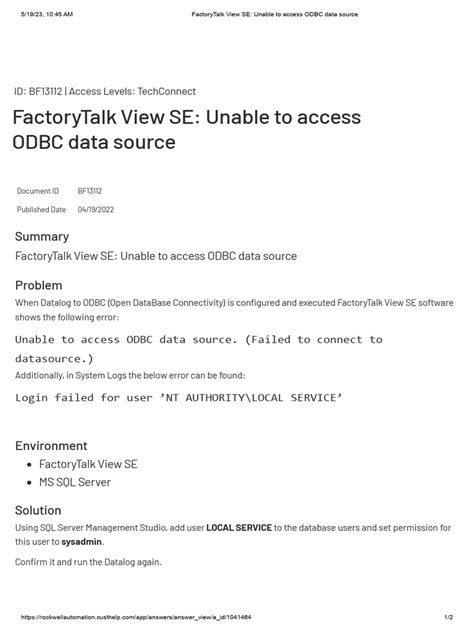 factorytalk view se unable to access odbc data source secondary