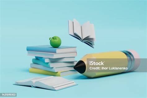 교육의 개념 책 연필 및 사과는 파란색 배경에 간식을 제공합니다 3d 렌더링 눈금자에 대한 스톡 사진 및 기타 이미지 눈금자 싸인펜 연필 Istock