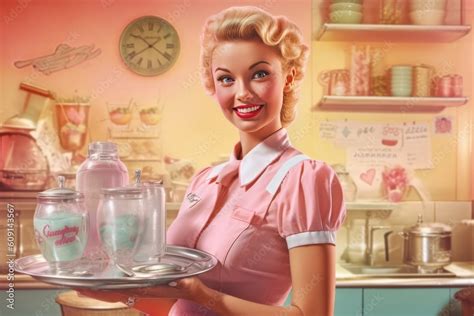 Old Vintage Retro Illustration Poster Of A Female Waiter At An American