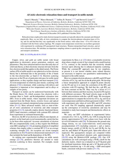 Pdf Ab Initio Electronic Relaxation Times And Transport In Noble Metals