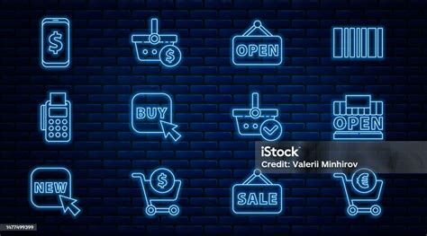 세트 라인 쇼핑 카트와 유로 건물 열기 매달려 기호 열기 구매 버튼 Pos 단말기 신용 카드 스마트폰 달러 바구니 확인 표시 및 아이콘 벡터 공항 터미널에 대한 스톡 벡터