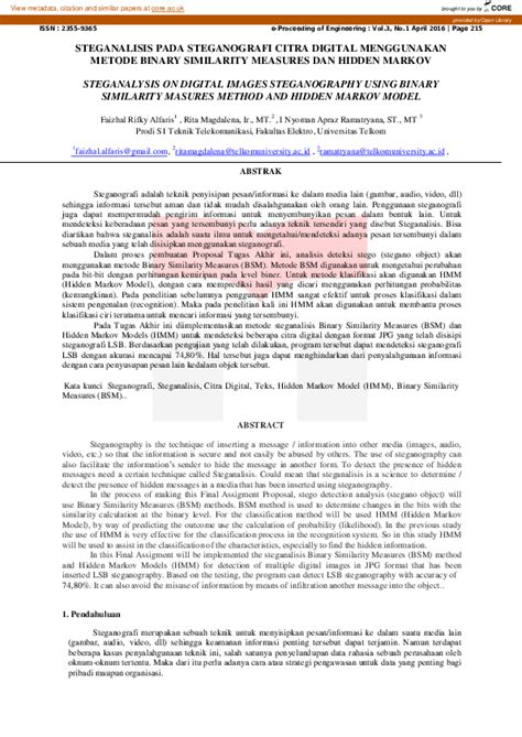 Pdf Steganalisis Pada Steganografi Citra Digital Menggunakan Metode Binary Similarity Measures