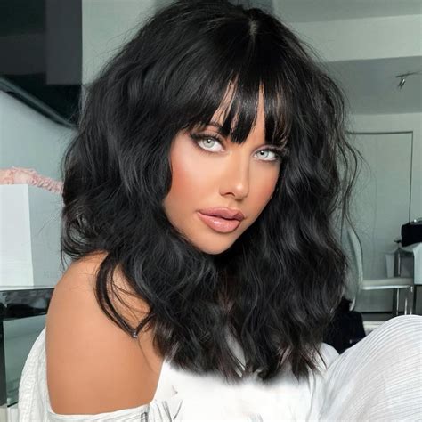 Kome Curly Bob Wig With Bangs Short Wavy Black Wigs For