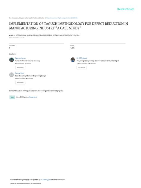 Dr 52implementation Of Taguchi Methodology For Defect Reduction In Manufacturing Industry A