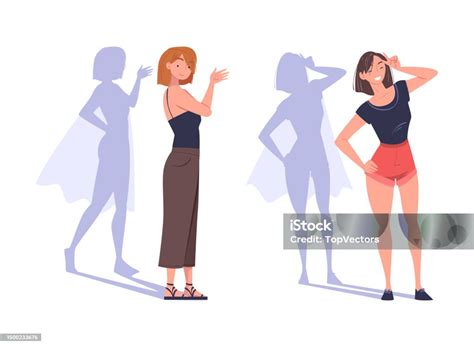 여자 슈퍼히어로 캐릭터의 그림자 서 있고 웃고 있는 벡터 세트 구별하기 힘든에 대한 스톡 벡터 아트 및 기타 이미지 구별하기