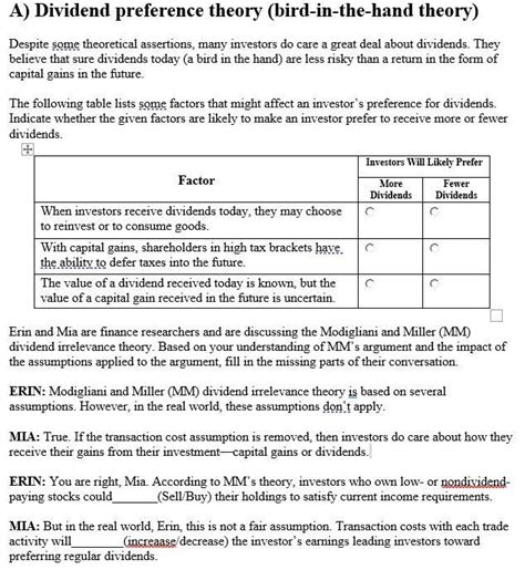 Solved A Dividend Preference Theory Bird In The Hand
