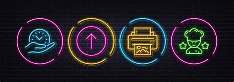 이미지 안전한 시간을 인쇄하고 최소 라인 아이콘을 위로 스 와이프합니다 웹 응용 프로그램의 경우 인쇄 네온 레이저 3d 조명 벡터 고급에 대한 스톡 벡터 아트 및 기타