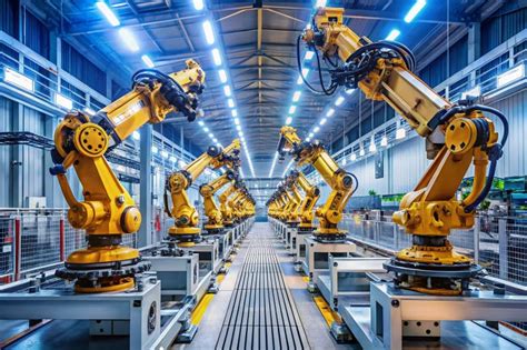 Automated Assembly Line Precision Manufacturing With Advanced Robotics And Glowing Led