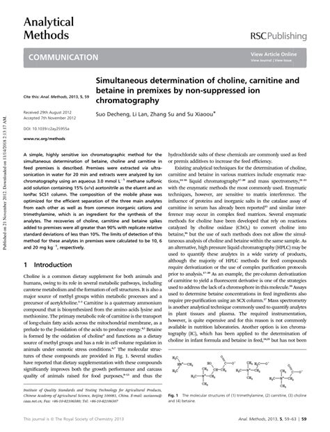 Pdf Simultaneous Determination Of Choline Carnitine And Betaine In Premixes By Non Suppressed