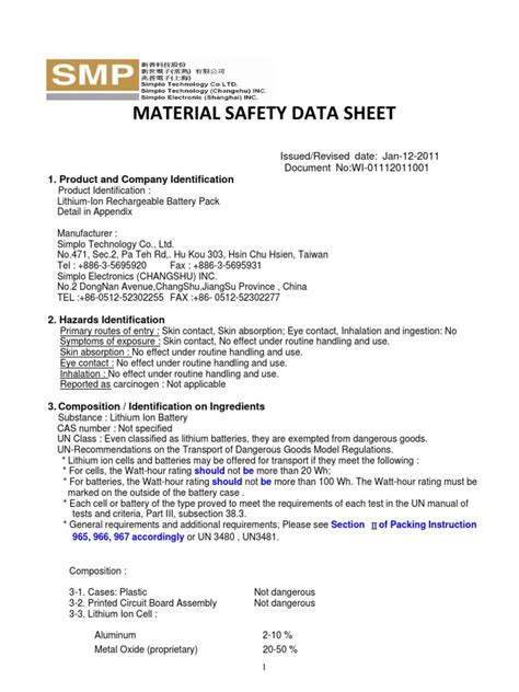 msds for acer models 2011 pdf lithium ion battery battery