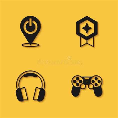 Set Power Button Game Controller Or Joystick Headphones And Rating With Medal Icon With Long