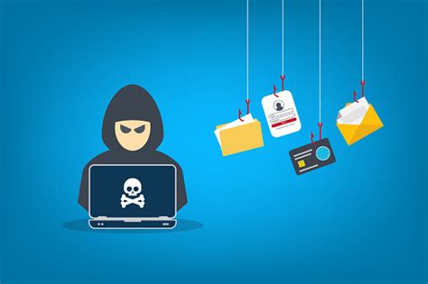 기밀 데이터 개인 정보 및 신용 카드 세부 사항을 훔치는 노트북 컴퓨터와 해커 해킹 개념 피싱에 대한 스톡 벡터 아트 및 기타 이미지 Istock