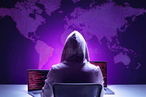 Hacker Initiating Global Cyber Attack Using Laptop In Server Room Stock Illustration