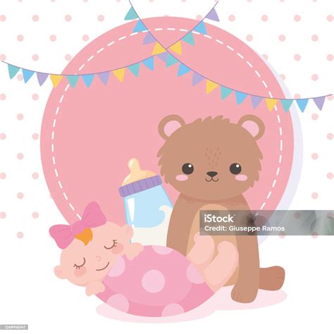 베이비 샤워 테디 베어 어린 소녀와 병 우유 축하 환영 신생아 귀여운에 대한 스톡 벡터 아트 및 기타 이미지 귀여운 꿈꾸기 도착 Istock
