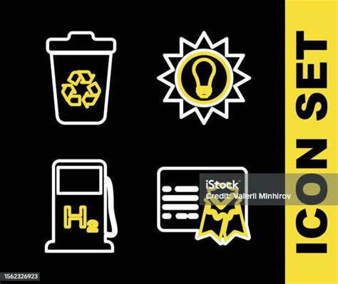 라인 태양 에너지 패널 인증서 템플릿 수소 충전소 및 휴지통을 재활용 아이콘으로 설정합니다 벡터 0명에 대한 스톡 벡터 아트 및 기타 이미지 Istock