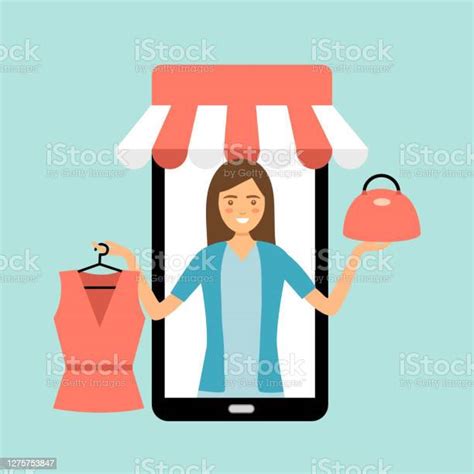 스마트 폰에서 옷과 레이디 백을 판매하는 여성 온라인 스토어 및 비즈니스 컨셉 벡터 일러스트레이션 온라인 쇼핑 Brand Name Mobile Payment에 대한 스톡