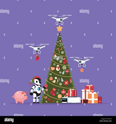 Modern Robot In Santa Claus Hat Near Decorated Fir Tree T Box Drone Delivery Service Merry