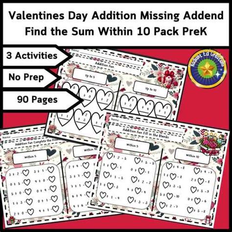 Valentines Day Addition Missing Addend Find The Sum Within 10 Pack Prek