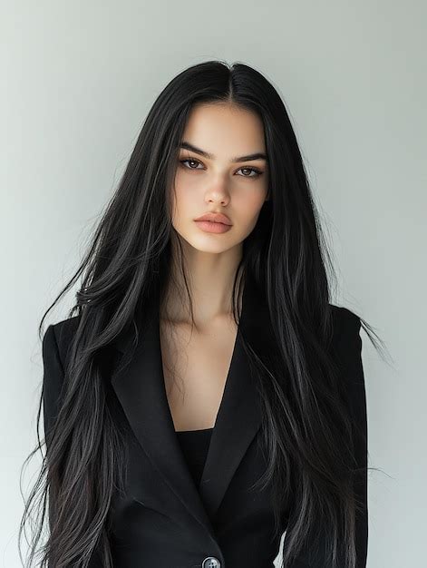 A Woman With Long Black Hair Is Posing For A Photo Premium Ai