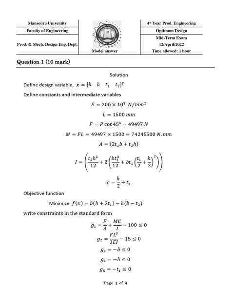 model ans exam 2022 optimum design pdf mathematical optimization