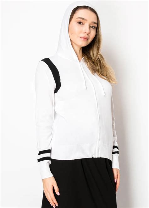 Classic White Zip Hoodie With Stripes Modest Women Clothing Yal New