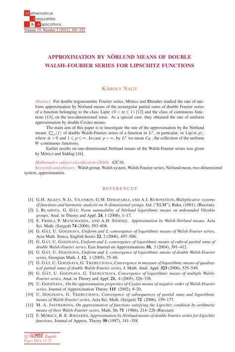 Pdf Approximation By Nörlund Means Of Double Walsh Fourier Series For Lipschitz Functions