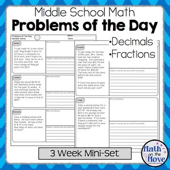Daily Word Problems For Middle School Math Decimal And Fraction Mini Set