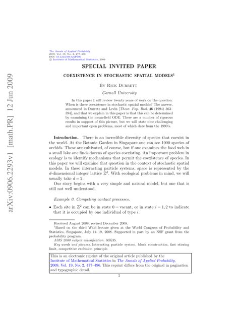Pdf Special Invited Paper Coexistence In Stochastic Spatial Models