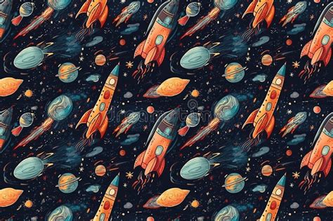 Seamless Background Pattern With Space Stars Planets Rockets Generative Ai Illustration
