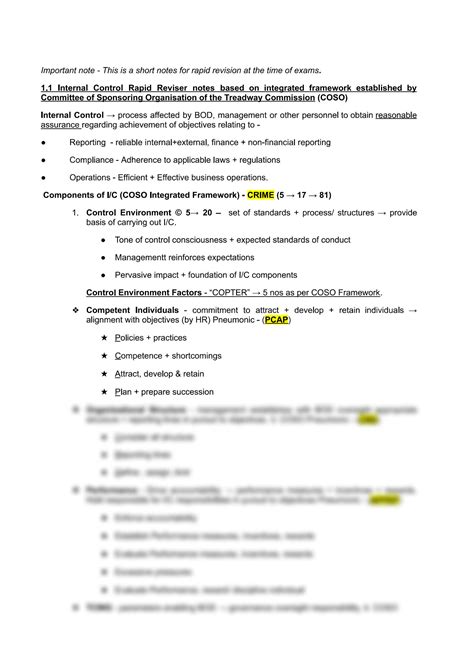 Solution 1 1 Internal Control Rapid Reviser Notes Based On Coso