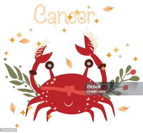암 점성술 징후 화려한 나뭇잎과 별이 있는 귀여운 조디악 표지판 귀여운 암 포스터 로고 카드에 적합합니다 벡터 그림입니다 7월에 대한 스톡 벡터 아트 및 기타 이미지
