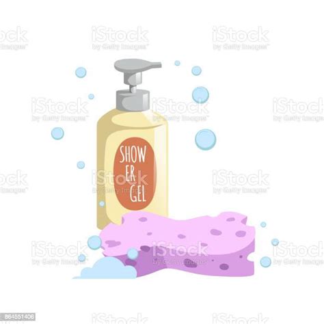 디스펜서 및 분홍색 목욕 스폰지 아이콘 만화 최신 유행 디자인 노란색 병 샤워 젤 거품 거품을 가진 벡터 일러스트 레이 션 건강한 생활방식에 대한 스톡 벡터 아트 및 기타