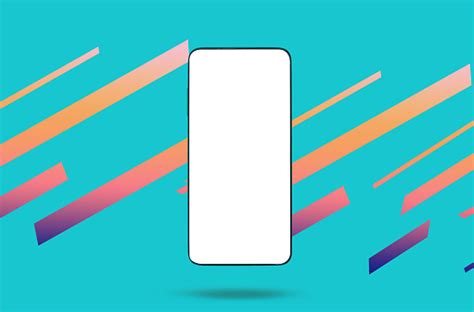 전자 비즈니스 여러 가지 색상의 줄무늬가있는 청록색 배경에서 모의가있는 휴대 전화를 닫습니다 공간을 복사합니다 사이버 공간과 소셜 미디어의 개념 전자 상거래에 대한 스톡