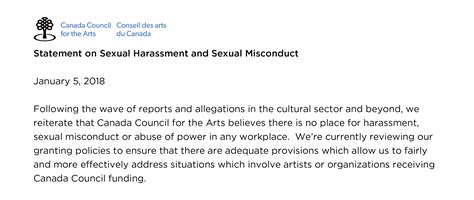 Statement On Sexual Harassment And Sexual Misconduct Canada Council For The Arts