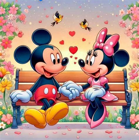 Mickey And Minnie On A Park Bench Holding Hands Online Puzzle