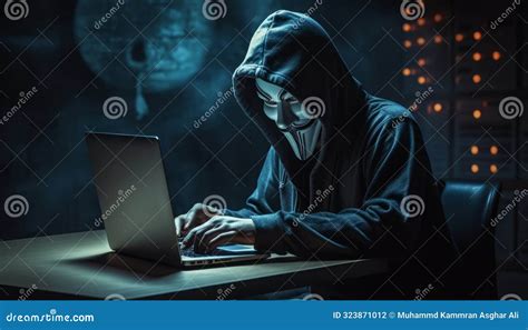 A Man In A Mask With A Hood Behind A Laptop Symbol Of A Group Of