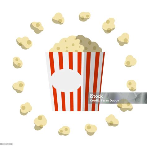 팝콘 옥수수 음식과 빨간 줄무늬 포장의 원 재미있는 아이콘 영화관 간식 플랫 만화 일러스트레이션 Premiere에 대한 스톡 벡터 아트 및 기타 이미지 Istock