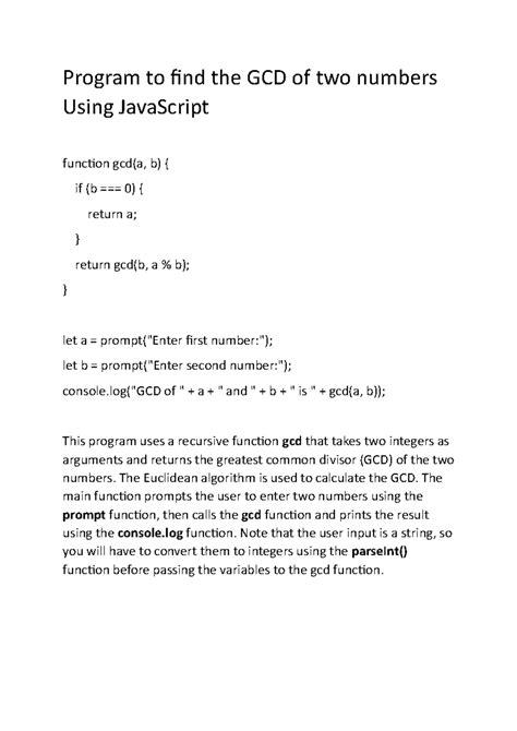 Gcd Of Two Numbers Using Java Script Program To Find The Gcd Of Two Numbers Using Javascript