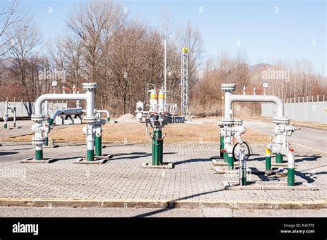 Control Station And Gas Pipe Line Junction Pipe Tank And Valve Stock