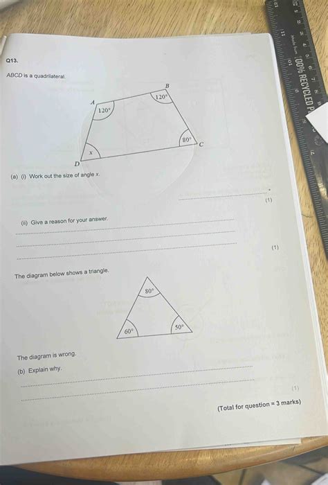 Solved 1o Q13 C Abcd Is A Quadrilateral A A I Work Out The Size Of Angle X 。 1 Ii