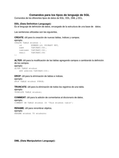 Comandos Para Los Tipos De Lenguaje De Sql Pdf