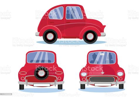 빨간 복고풍 자동차입니다 세 가지 보기로 설정 만화 자동차 측면 전면 뒤보기 드라이버와 둥근 헤드 라이트귀여운 차량 흰색 배경에